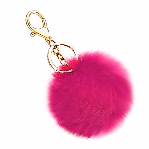 Soleebee Soft Artificial Rabbit Fur Keychain Plush Ball Key Ring Cute Pom Pom Bag Charm for Women Girls (A-Hot Pink)