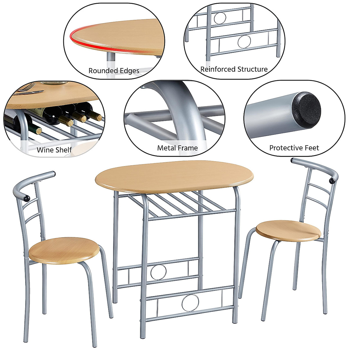 Topeakmart 3 Piece Kitchen Table Set - Dining Table Sets for 2 - Compact Table and Chairs w/Steel Frame & Shelf Storage for Small Spaces, Apartment,Bistro - Natural