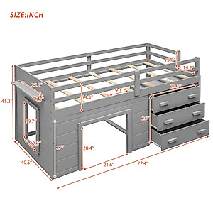 CITYLIGHT Low Loft Bed with Storage,Wood Twin Size Loft Bed with Cabinet and Shelf,Kids Loft Bed Frame for Girls Boys,Grey