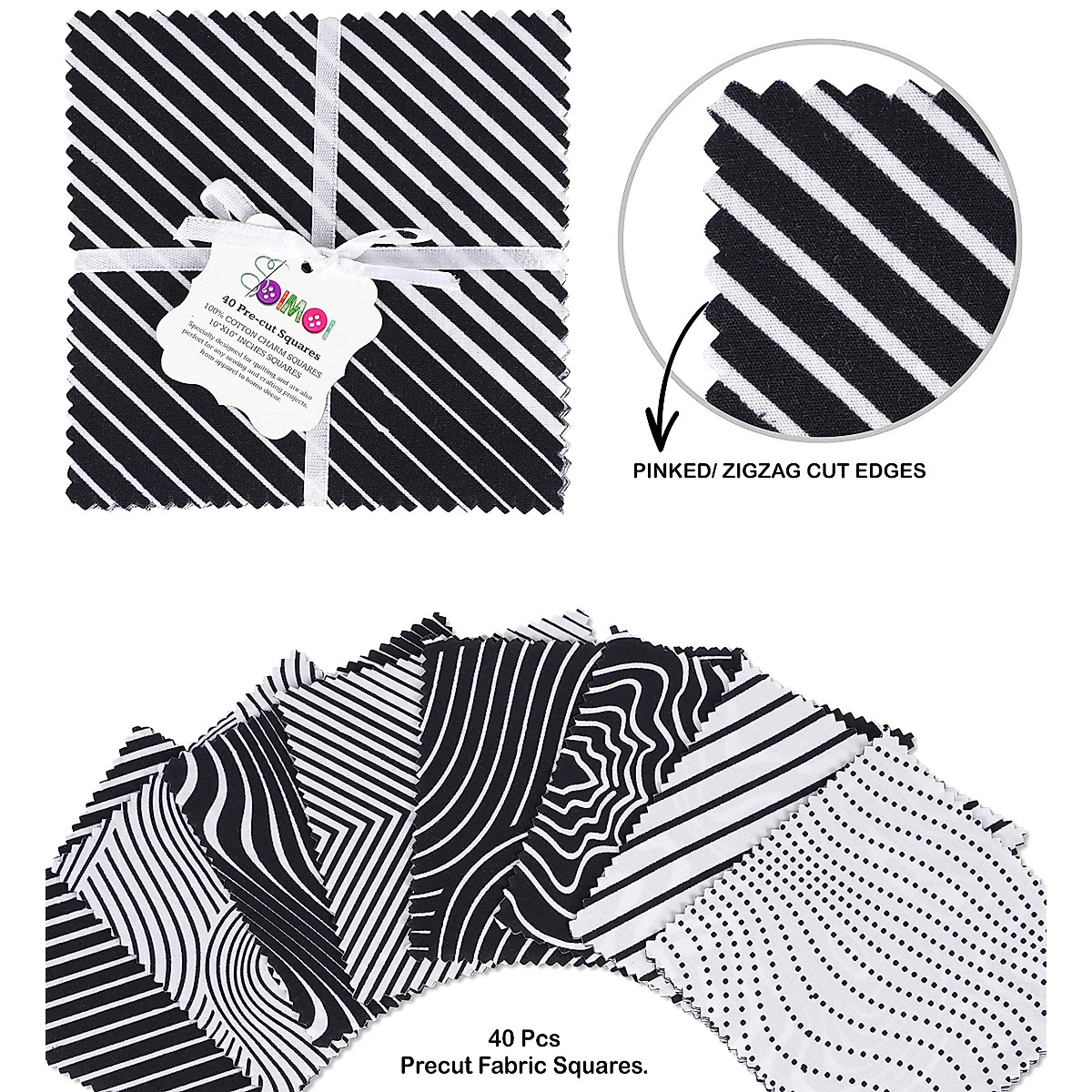 Soimoi Precut 10-inch Geometric Prints Cotton Fabric Bundle Quilting Squares Charm Pack DIY Patchwork Sewing Craft- White & Black