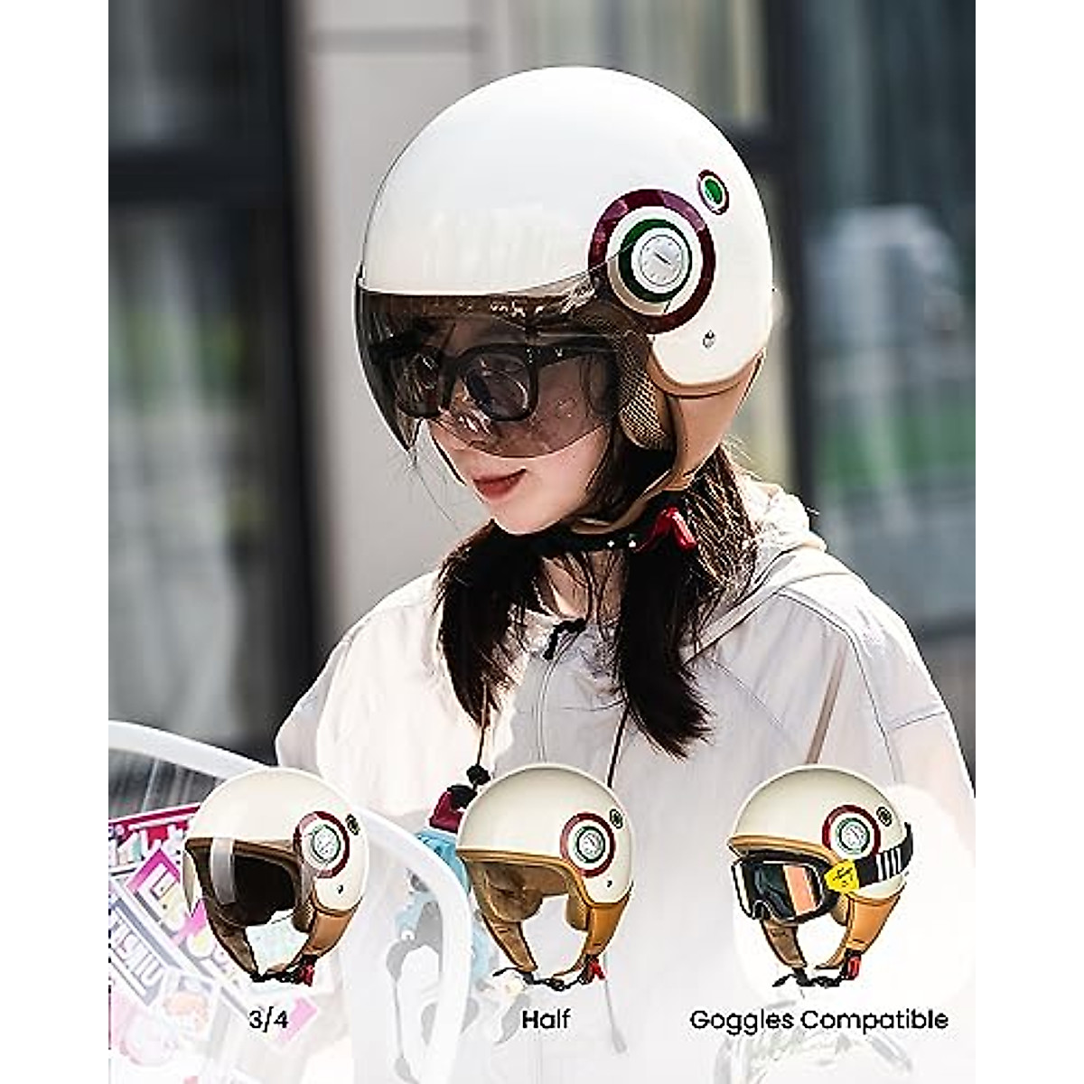 ILM 3/4 Open Face Motorcycle Helmets for Women Men Retro Moped Scooter Cruiser Casco Vintage Half Helmet DOT ECE Model B-100E (Cream White,L)