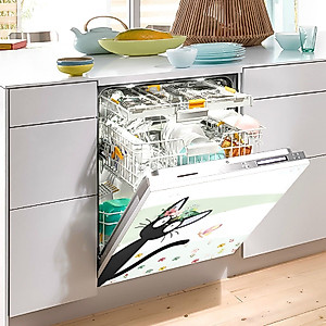 Black Cat Cute Dishwasher Magnet Cover Front Door Spring Flower Kitty Decorative Refrigerator Covers Magnetic Sheet Sticker Wash Machine Fridge Panel Decal for Kitchen Appliance 23x26 in