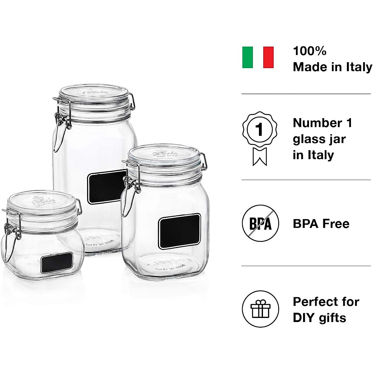 Bormioli Rocco Fido Collection, 2 Pack, 50.75 Oz. Food Storage Glass Jars, With Chalkboard, Airtight Rubber Seal & Glass Lid, With Steel Wire Clamp, Made In Italy.