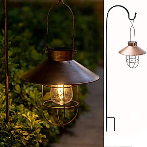 2Pack Solar Metal Hanging Lantern with Shepherd Hook Outdoor Led Garden Lights Brushed Copper