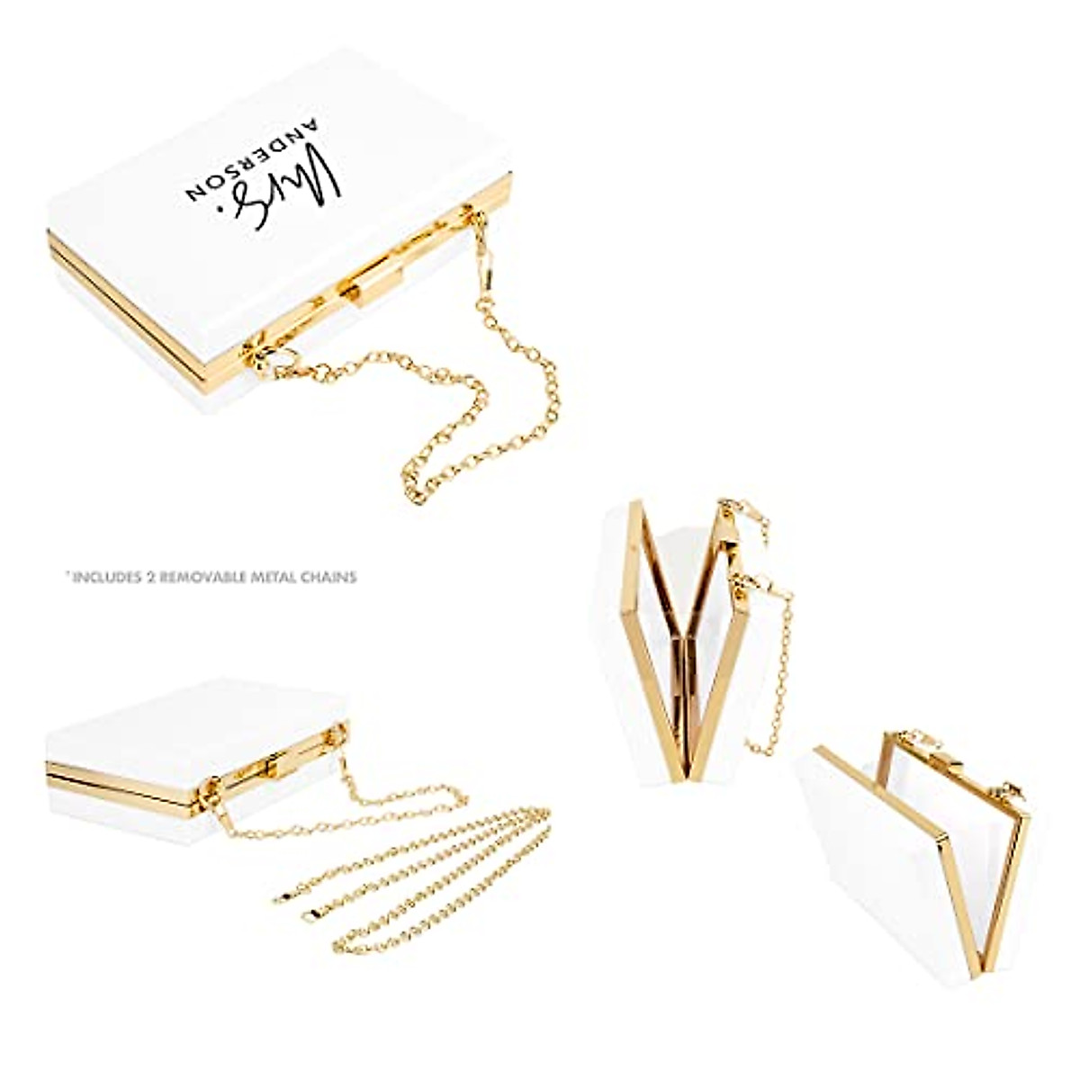 Andaz Press Personalized Acrylic Clutch Purse for Bride Custom Mrs. White Clutch Box Shoulder Handbag with Gold Removable Metal Chain for Wedding Day Bachelorette Bridal Shower Engagement Gift, 1-Pack