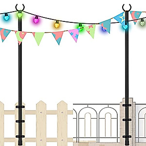 RINLAIN Outdoor String Light Poles 2 Pack, 8.3ft Height Adjustable Metal Stand Pole with Hooks for Hanging String Lights，Garden, Backyard, Patio Lighting Stand for Parties, Wedding (Black)