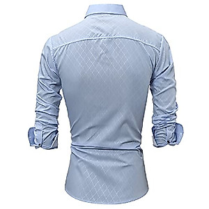 Men Business Long Sleeve Dress Shirt Stylish Slim Fit Button Up Shirts Lightweight Printed Turn-Down Collar Shirt (Light Blue,X-Large)