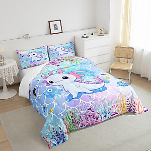 Cartoon Axolotl Kids Comforter Set Twin Size,Mermaid Scales Marine Romantic Bedding Set,Girls Boys Women Room Decor,Ocean Animals Cute Down Comforter,Blue Purple Dreamy Duvet Insert,1 Pillowcase