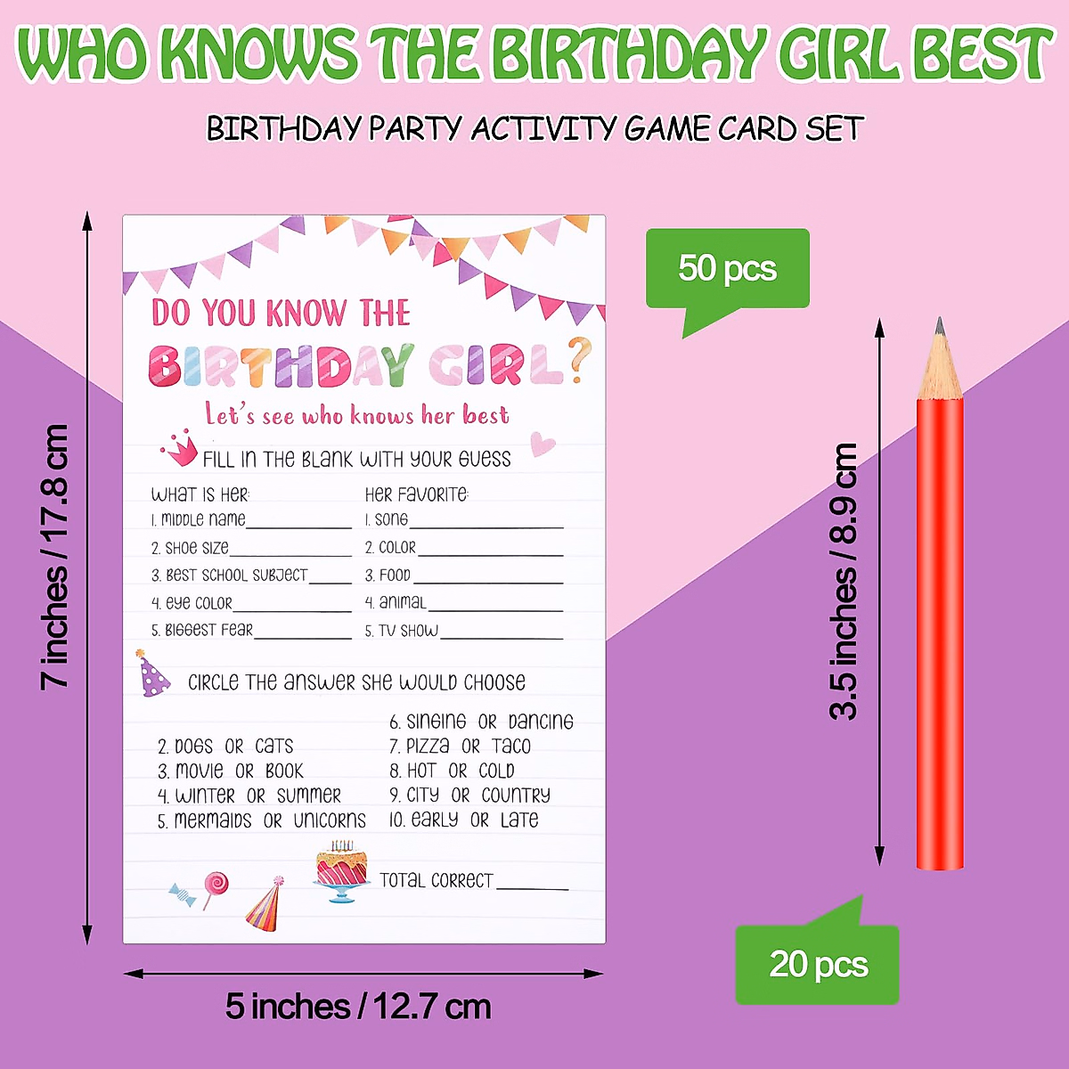 50 Sheets Who Knows The Birthday Girl Game Cards Birthday Girl Party Game Cards with 20 Pieces Pre Pointed Wood Pencils Notebook Themed Party Activity Card for Sleepover Slumber Party Supplies