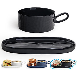 Wareland Soup Bowl with Handle & Salad Plate, Soup and Sandwich Plate Combo, 18oz Soup Mug/Cup for Cereal, Ceramic Pasta Plate for Appetizer, Dessert, Rice, Dishwasher & Microwave Safe, Bright Black