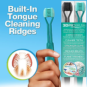3D Pro Brush | 3-Sided Toothbrush | 3X Clean Two-Pack | 360 Gum Massage Triple Deep Clean Ultra Soft Replacement Heads Tongue Scraper Sustainable Sensory Gift Oral Health Care Travel Three Made in USA