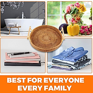 Handmade Rattan Round Woven Basket, Round Serving Tray with Handles, Food Serving Baskets, Basket, Great to Display Bread Or Fruit (10.6", 1pc)