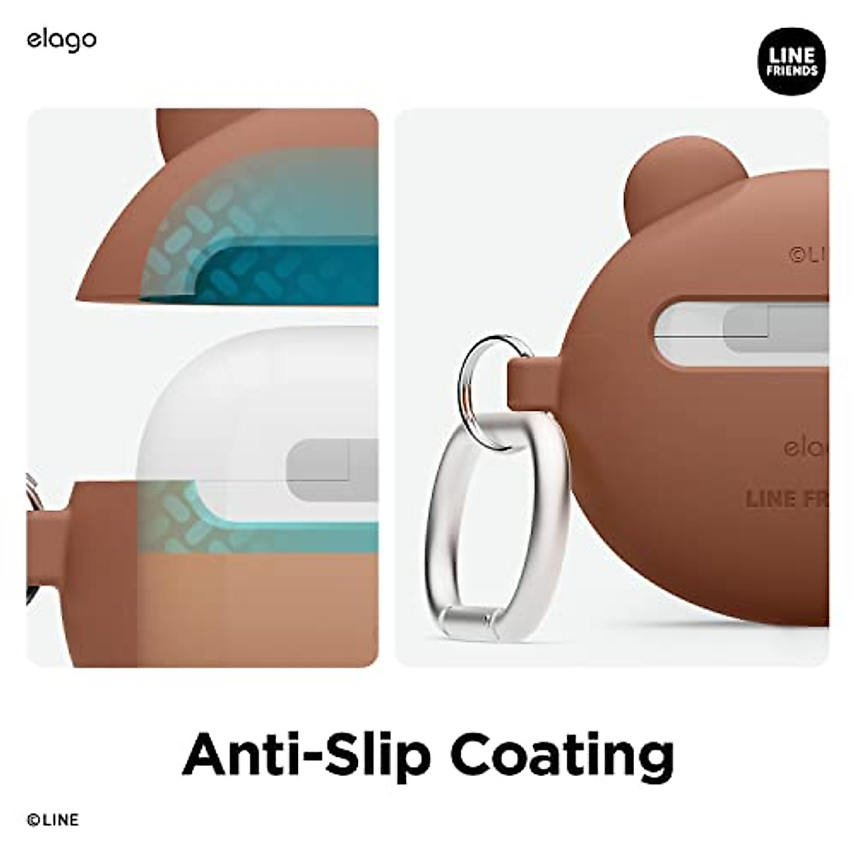 elago | LINE Friends Case Compatible with AirPods 3 Case Cover, Cute 3D Design Case Compatible with AirPods 3rd Generation Case 2021, Protective Silicone Case with Keychain, Wireless Charging (Brown)