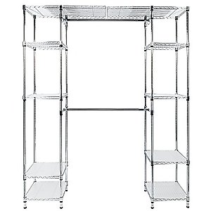Freestanding Closet with Hanging Rod,Heavy Duty Metal Hanging Storage Organizer Rack,Wire Shelving Garment Rack Clothes Rack,Wardrobe with Shelves (57.9"~85" x 13.8" x 71.7")
