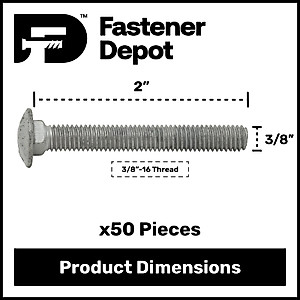 3/8"-16 x 2 Hot Dipped Galvanized Carriage Bolt, Grade A, Full Thread, Quantity 50 - by Fastener Depot, LLC
