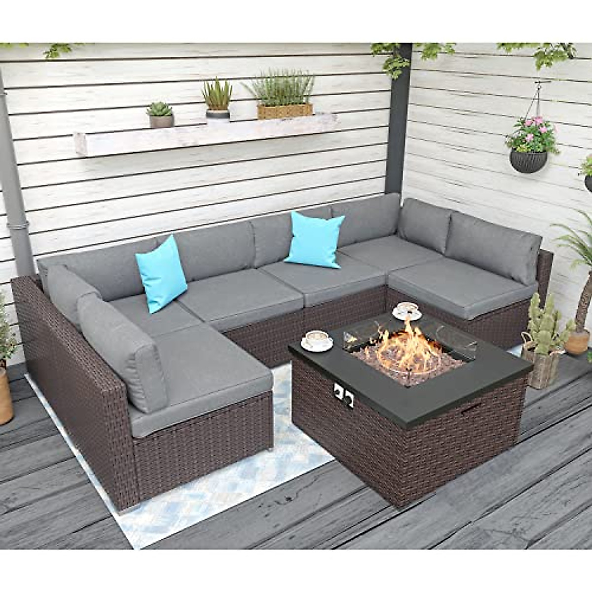 HOMPUS 7-Piece Outdoor Patio Furniture Set, All-Weather Wicker Sectional Sofa, Dark Grey Cushions w 32-inch Square Dark Brown Wicker Fire Table (40,000 BTU), Tank Outside, Glass Wind Guard