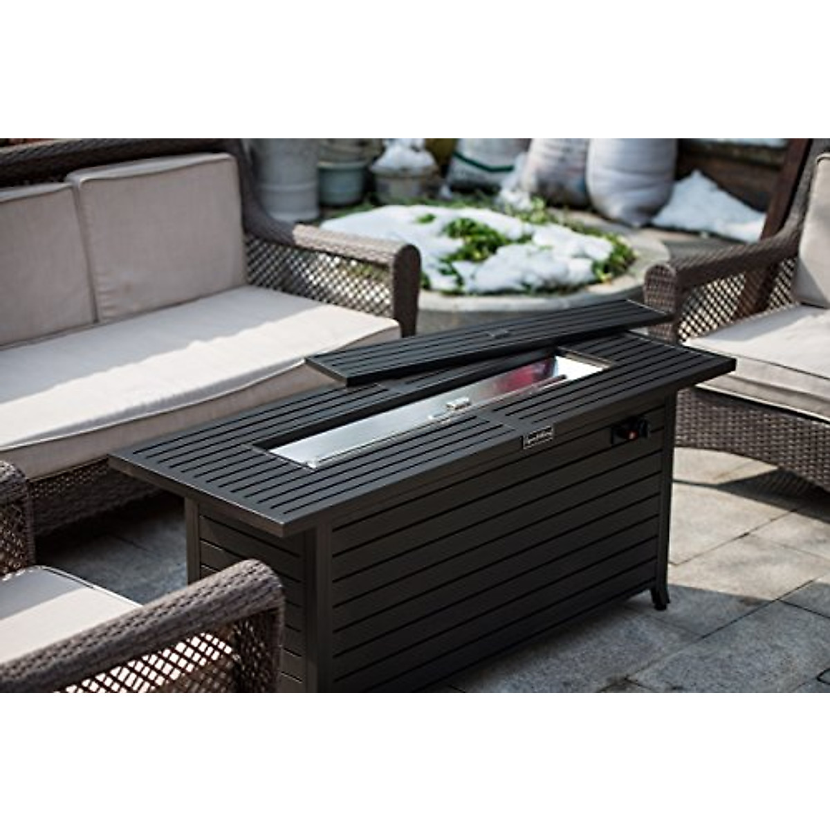 Legacy Heating 57 Inch Propane Fire Pit Table, 50000BTU Outdoor Gas Fire Pit, 2 in 1 Rectangular Firepit Extruded Aluminum w/ Lid, Glass Beads, ETL Certified for Gatherings on Garden Backyard, Mocha.