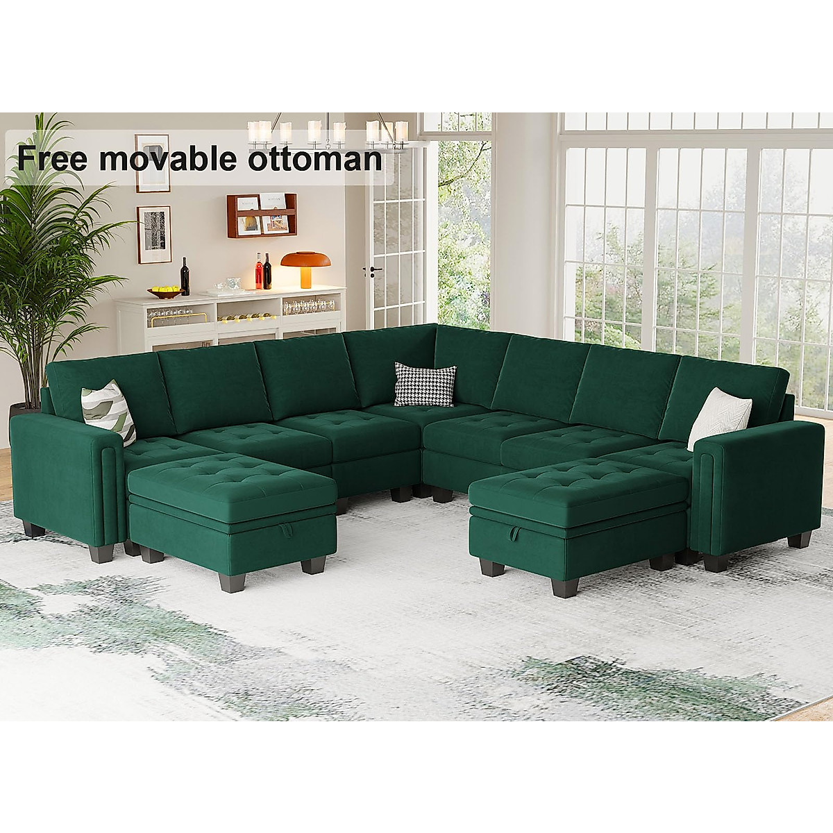 Belffin Oversized Velvet Modular 8-Seat Sectional Sofa Set with Storage Ottoman U Shaped Couch Set Modular Sectional Convertible Sofa Couch with Reversible Chaise Corner Sofa Couch Set Green