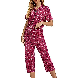 Tugege Capri Pajamas Set Womens Button Down Short Sleeve Lounge Sets Sleepwear Notch Collar Top & Capri 2 Piece PJ Sets (Red Floral, 3X-Large)