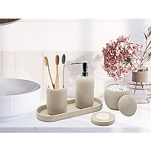 Resin Bathroom Accessories Set, 5 Pcs Heavy & Sturdy Matte Beige Bathroom Accessory Set with Soap Dispenser,Soap Dish,Toothbrush Holder,Tray,Cotton Jar, Classy Bathroom Decor and Gift Set