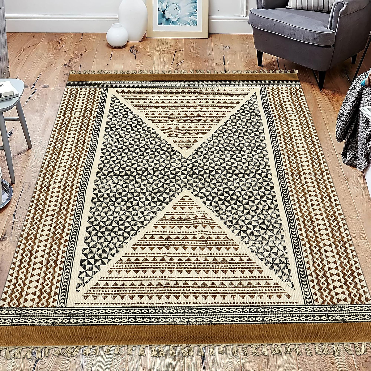 CASAVANI Collection Runner - 5x10 Area Rug Black & Brown Cotton Dhurrie Geometric Kilim Rug Indoor Outdoor Use Carpet Flatweave Rugs for Home & Foyer Corridor Hallway & Stair Runner