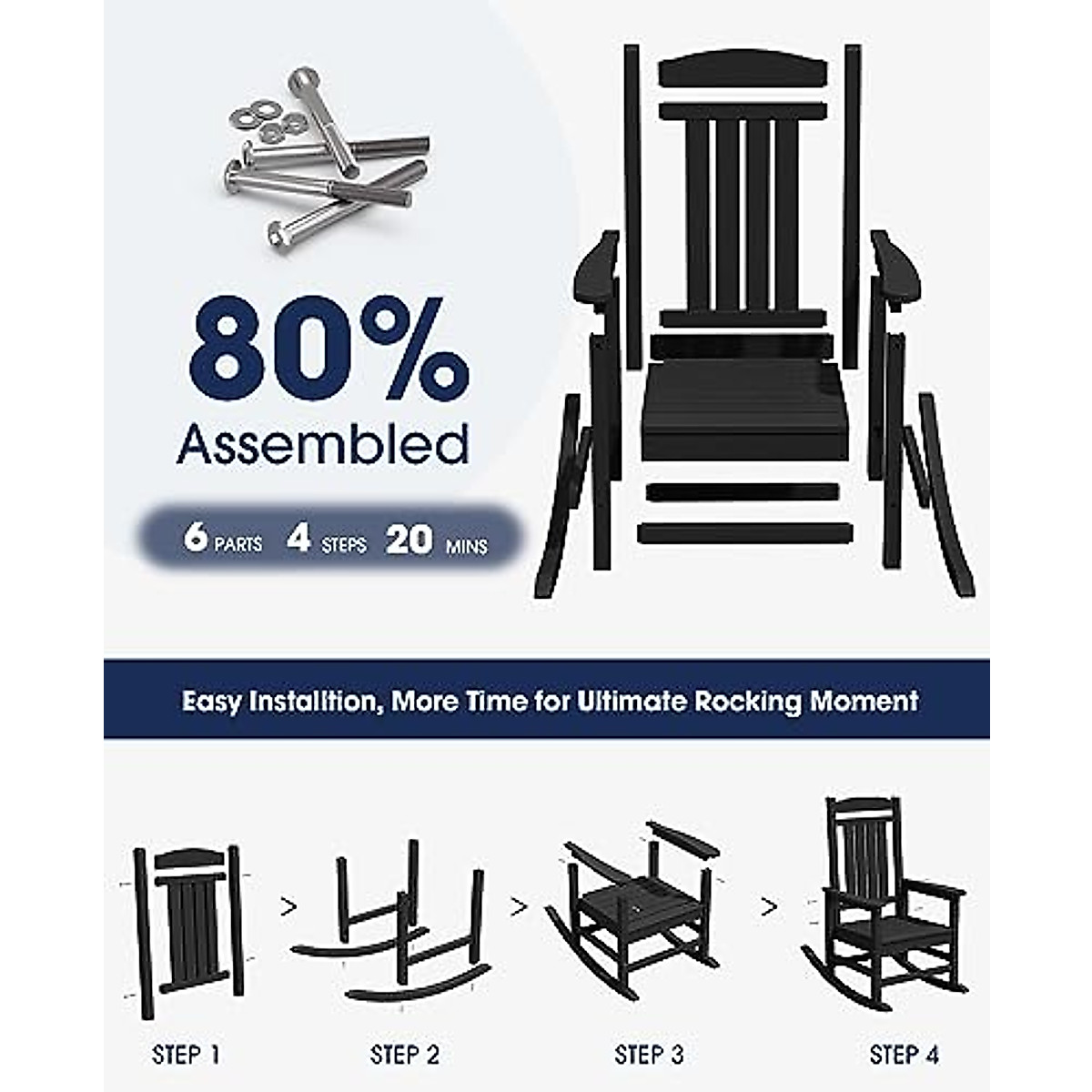 KINGYES Outdoor Rocking Chairs, HDPE All-Weather Patio Rocking Chairs High Back Porch Rocker for Adult, Black