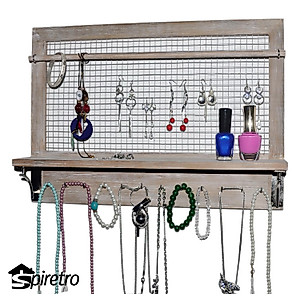 Spiretro White Jewelry Organizer, Wall Mount Jewelry Holder Rack with Hooks Shelf and Removable Rod Hanging Display Earrings Necklaces Bracelets Rings Storage Accessories Wood