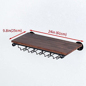 Industrial Pipe Shelving Hanging Stemware Racks,Rustic Wall Mounted Wine Rack with 5 Glass Holder,24in Steampunk Iron Floating Bar Shelves,Metal Real Wood Shelf Wall Shelf Stemware Holder