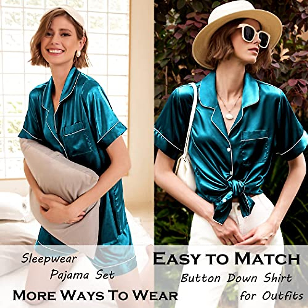 VickyBelle Womens Silk Satin Pajamas Set Two-piece Pj Sets Sleepwear Loungewear Button-Down Pj Sets(XL, Green)