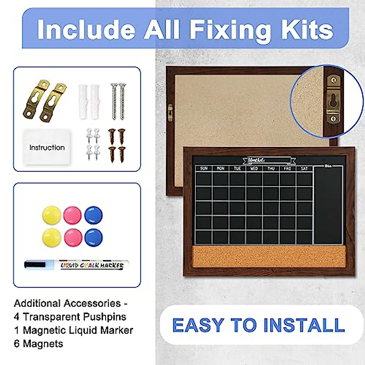 4 THOUGHT Chalkboard Calendar Corkboard Combo, 12" x 16" Small Bulletin Board Magnetic Calendar Chalkboard for Wall Combination Board Monthly Planner Rustic Brown Frame 1 Markers 6 Magnets 4 Pushpins