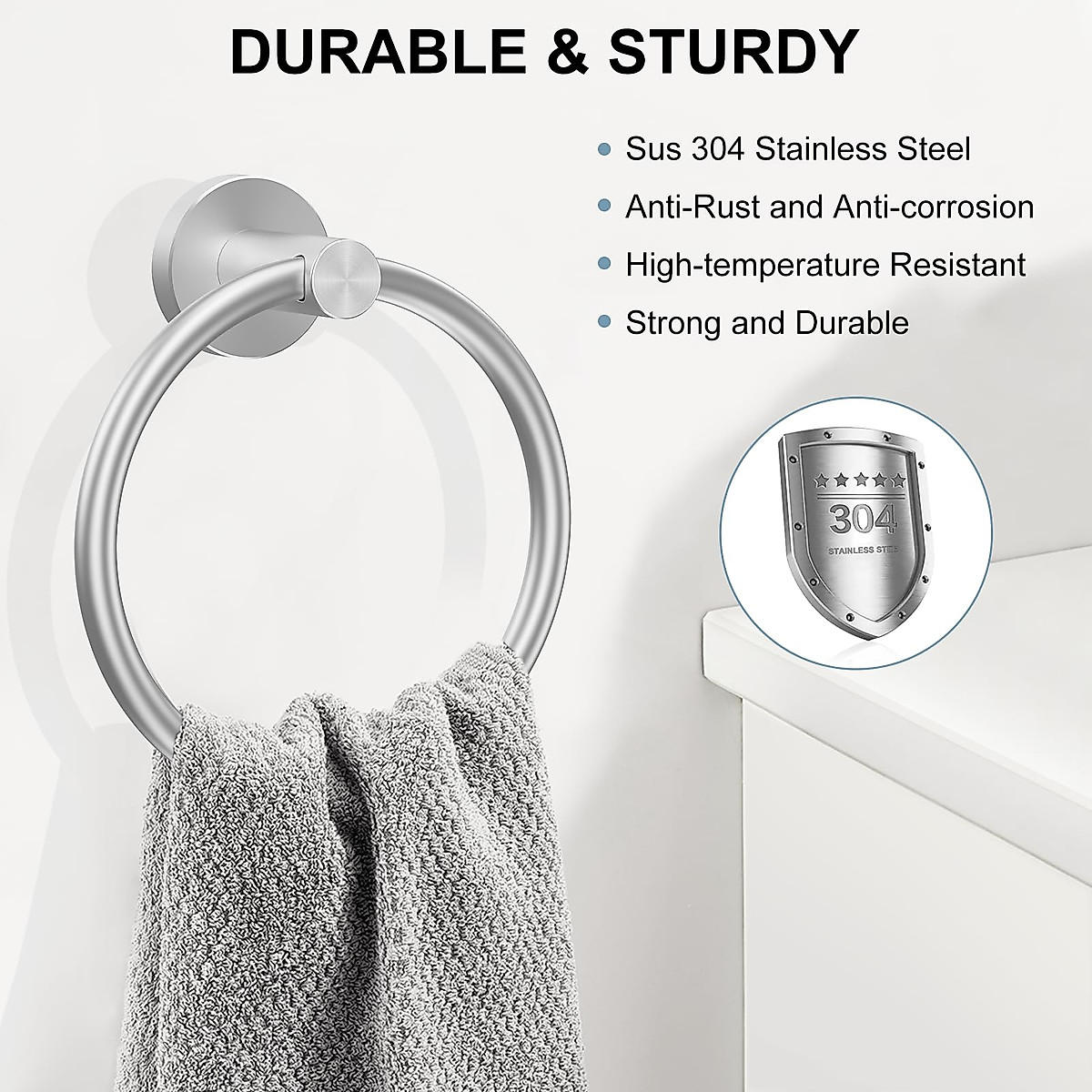 SetSail Towel Holder for Bathroom Wall Silver Towel Ring SUS304 Stainless Steel Hand Towel Holder Heavy Duty Towel Hanger for Bath, Kitchen Drill Hole, 2 Pack