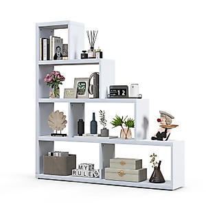 SILKYDRY 4 Tier Bookshelf, L Shaped Ladder Corner Bookshelf, 6 Cubes Stepped Etagere Bookcase, 10 Shelves Storage Display Rack for Living Room Home Office Hallway (White)