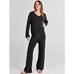 ANRABESS Women's Two Piece Outfits Sweater Sets Long Sleeve V Neck Knit Pullover and Wide Leg Pants Sweatsuit Lounge Set Black Large