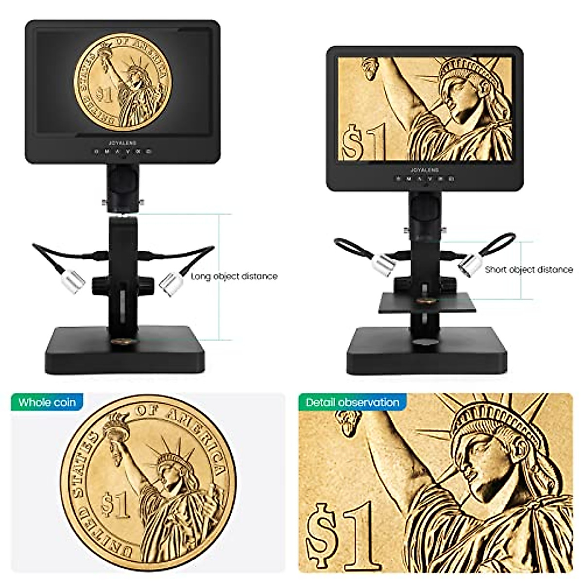 JOYALENS JL249PS 3 Lenses 10 Inch HDMI LCD Digital Microscope, UHD 4000× 24MP Biological Microscope with Prepared Slides, Coin Microscope for Full-Size Coins Error Coins, PC/TV Compatible, 32G Card