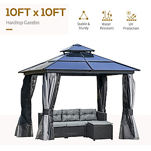 Outsunny 10' x 10' Hardtop Gazebo Canopy with Polycarbonate Roof, Aluminum Frame, Permanent Pavilion Outdoor Gazebo with Netting, for Patio, Garden, Backyard, Deck, Lawn, Gray