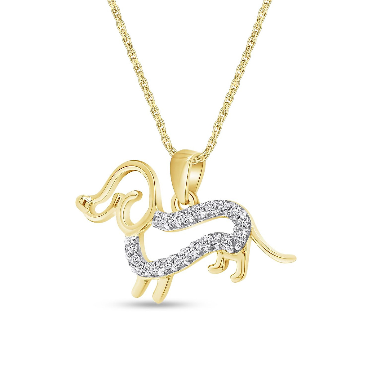 Round Cut White Cubic Zirconia Dachshund Dog Heart Pendant Necklace Jewelry For Women in 14k Yellow Gold Over Sterling Silver Along With 18" Chain