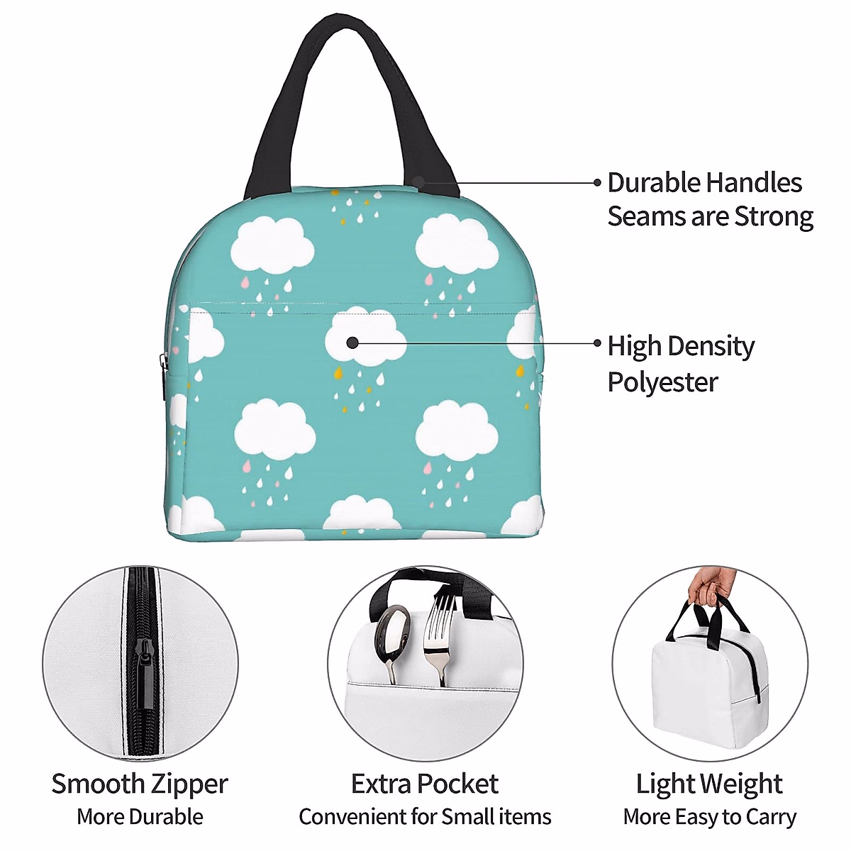Cute Sky With Rainy Clouds Kawaii Lunch Box Travel Bag Picnic Bags Insulated Durable Shopping Bag Back To School Reusable Waterproof Bags For Man Woman Girls Boys