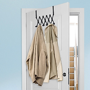 Simfree Over The Door Hooks,Retractable Stainless Steel Over The Door Hanger with 6 Hooks,Hanging Organizer Over The Door Towel Rack for Coat,Hats,Clothes,Towels,Black