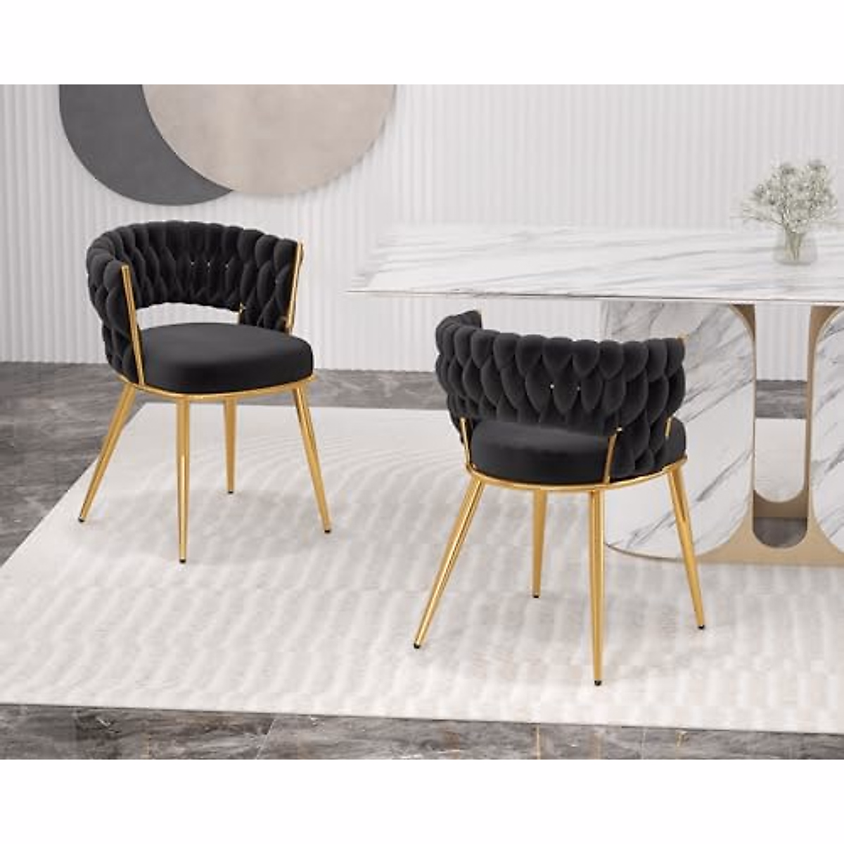 KCC Modern Velvet Dining Chairs Set of 2, Upholstered Living Room Chair with Woven Back and Golden Metal Legs, Mid-Century Accent Side Chair for Living Room, Dining Room, Kitchen, Black