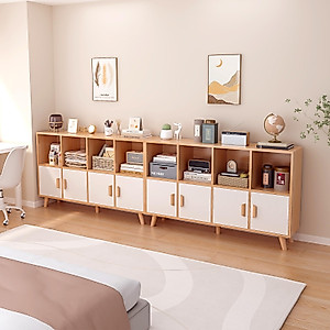 OSCHF Cubby Shelf Bookcase with Doors - Wooden 8 Cube Floor Standing Open Bookshelf with Solid Wood Legs, 2-Tier Low Storage Cabinet, Oak and Warm White