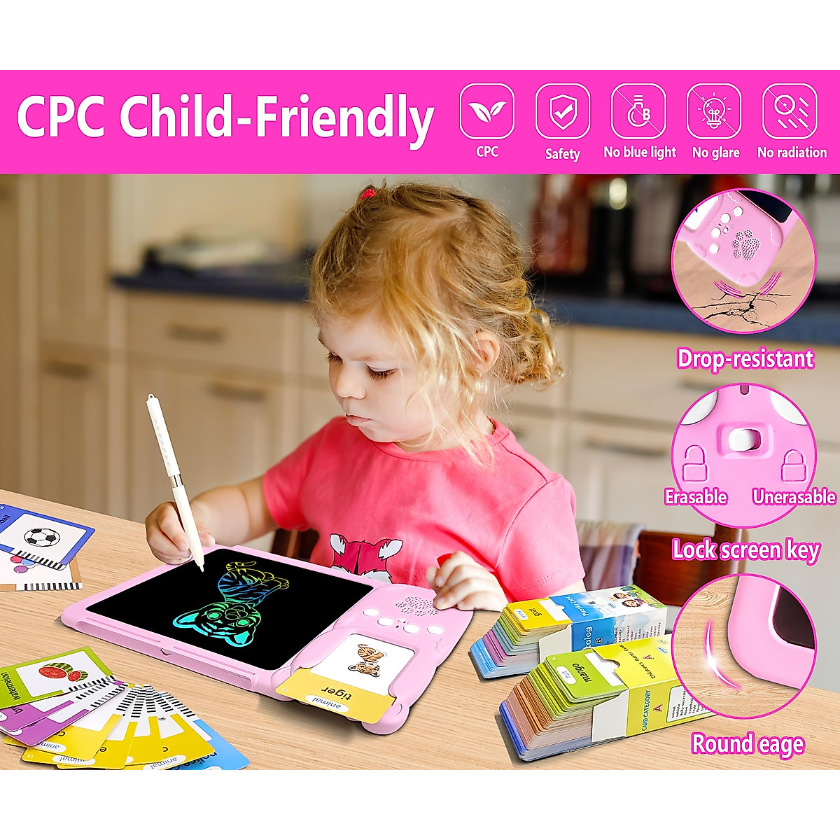 Rylai Toddler Toys Drawing Tablet with Talking Flash Card, Drop Resistant LCD Writing Tablet,510 Sight Words Pocket Speech Audible Flashcards, Learning & Education Toys for 2,3,4,5,6 Years Old Pink