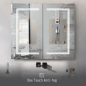 Karl home 2-Doors 32"x28" LED Medicine Cabinet for Bathroom, 3-Color Wall Mounted Dimmable Bathroom Cabinet with 3-Tiers Storage Shelves, Anti-Fog, USB Charge, White