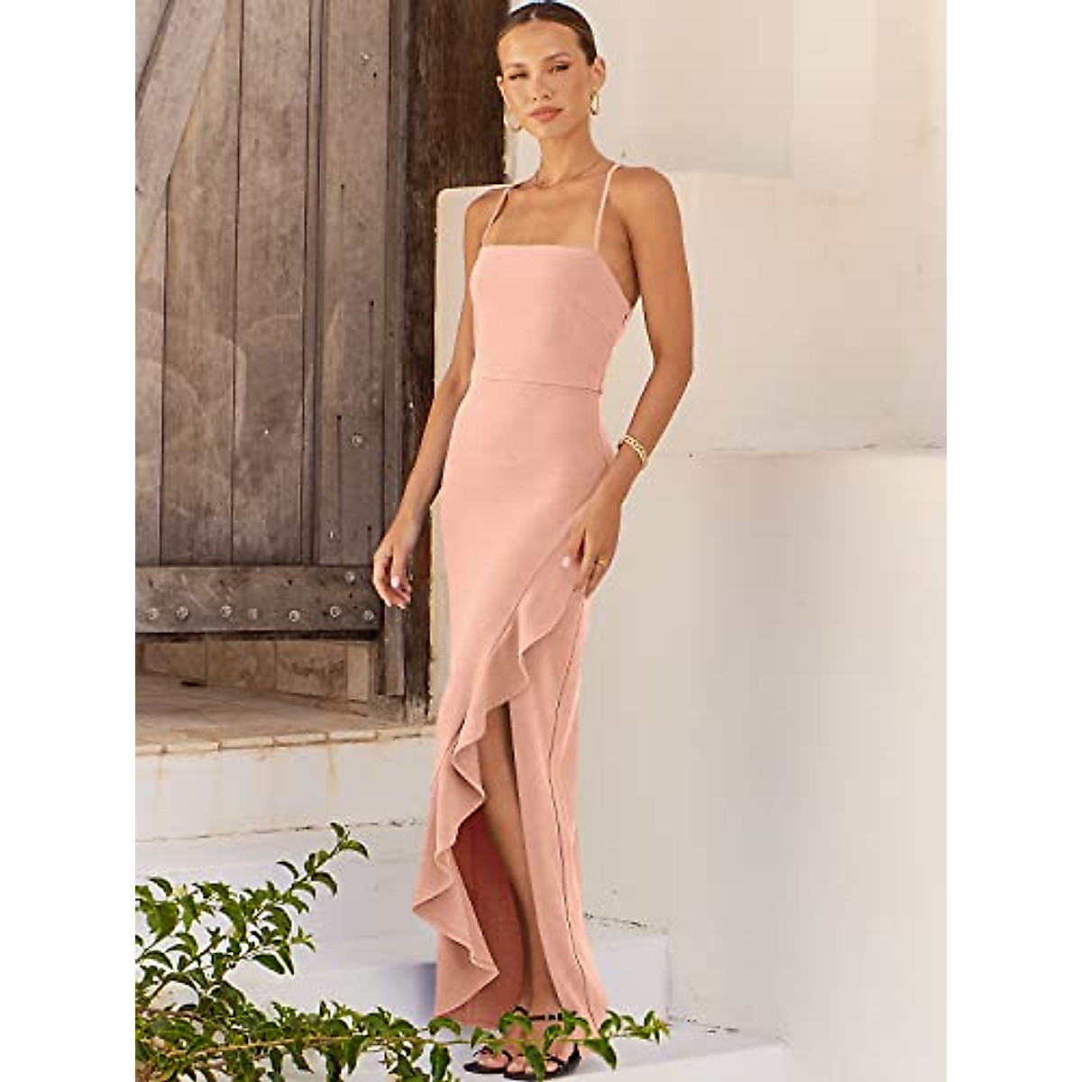 ANRABESS Women's Spaghetti Strap High Slit Bodycon Wedding Guest Dress Semi Formal Dresses A860-qianfen-S Light Pink