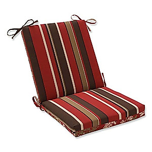 Pillow Perfect Reversible Floral Stripe Indoor/Outdoor Solid Back 1 Piece Square Corner Chair Cushion with Ties, Deep Seat, Weather, and Fade Resistant, 36.5" x 18", Brown/Red Monserrat, 1 Count