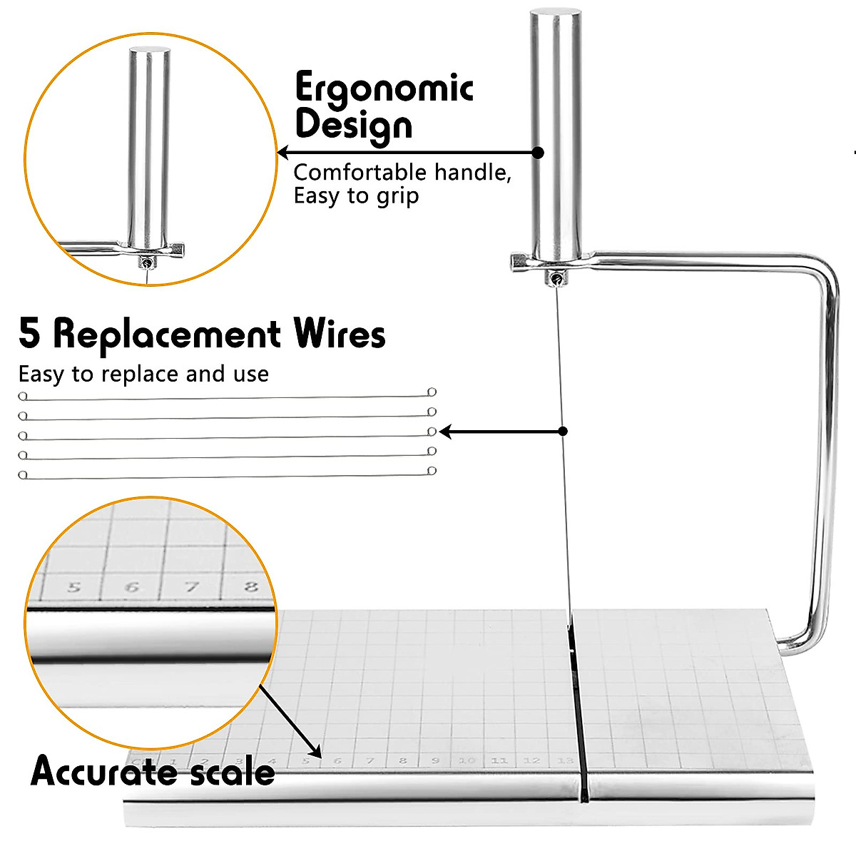 Stainless Steel Cheese Slicer with Accurate Size Scale Includes Wire Cheese Slicer, 5 Replacement Wires Cheese Cutters and 4 Mini Stainless Steel Cheese Knives Butter Knife & Fork for Cheese Butter