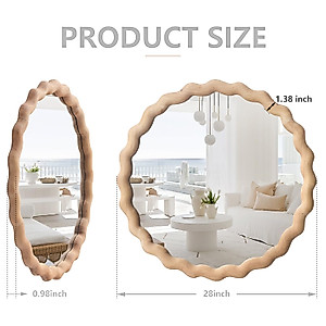 Irregular Wall Mirror,Wood Round Farmhouse Mirror Unique Vanity Mirror,28" Nature Wooden Modern Bathroom Mirror for Washroom Living Room Bedroom