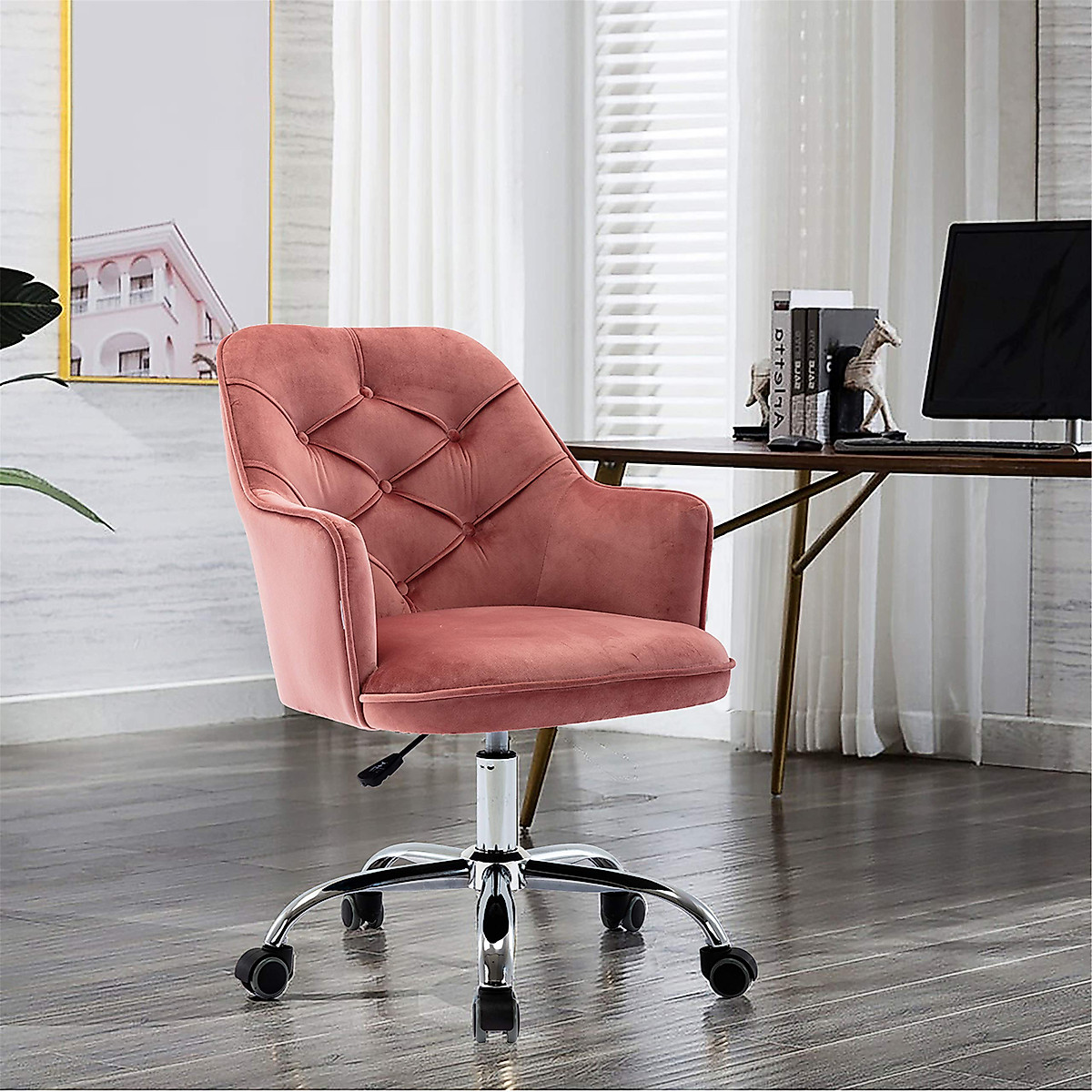 CITYLIGHT Swivel Shell Chair for Living Room/Bed Room, Modern Velvet Leisure Arm Chair, 360° Swivel Chair Home Desk Chair, Seat Height Adjustable, Easy to Assemble (Pink)