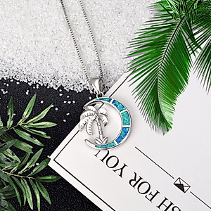 SOULMEET Palm Tree Blue Simulated Opal Moon Necklace, Sterling Silver Palm Tree Jewelry for Her, Summer Beach Style October Birthstone Christmas Gift Idea