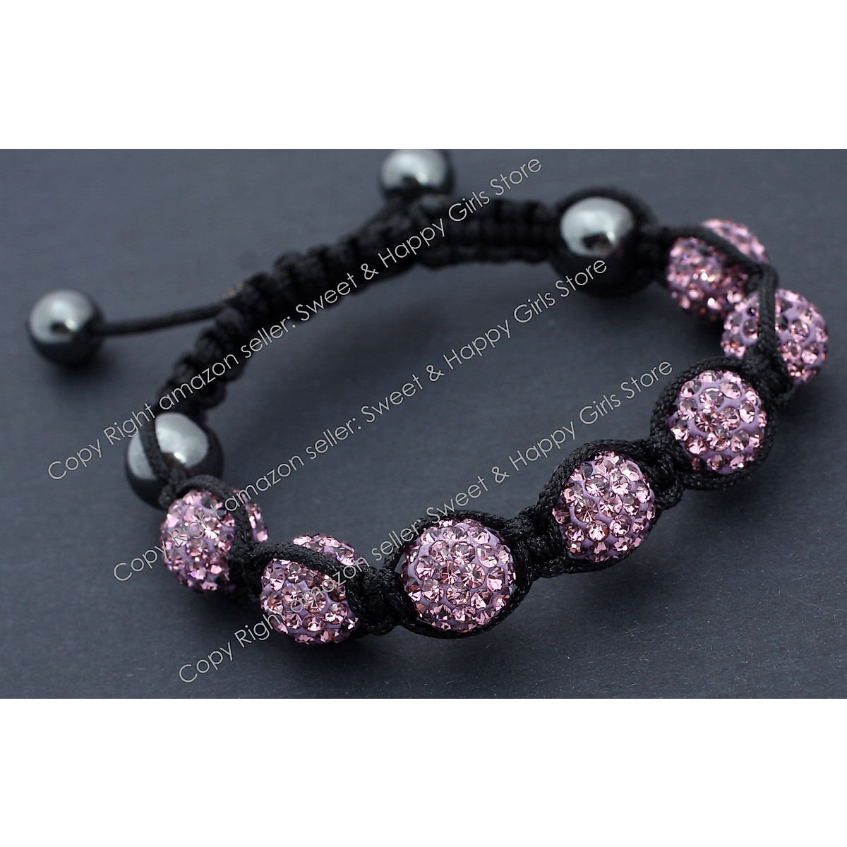Shamballa Style Jewelry 7 Beads Purple Pave Sparkle Crystal Ball Hand-Woven Bracelet Adjustable 7 Beads