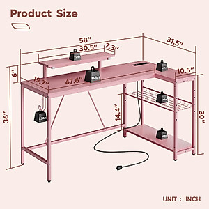 Bestier L Shaped Gaming Desk with Power Outlets,58 LED Small Corner Desk with Reversible Storage Shelves,Pink Computer Desk with Headset Hooks Desk for Living Room and Dormitory